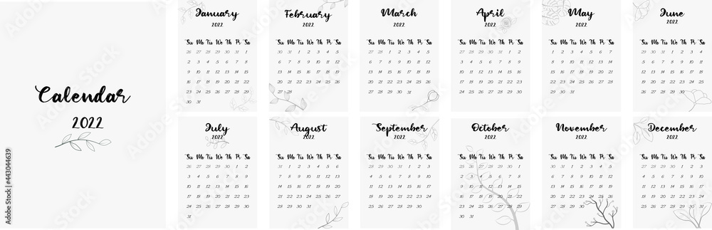 Floral A4 calendar or planner 2022 in grey colors. Cover and 12 monthly ...