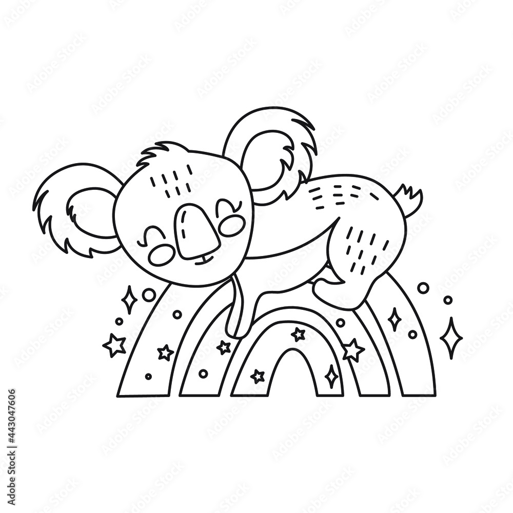 Coloring page antistress. Little сute koala sleeping on a rainbow ...