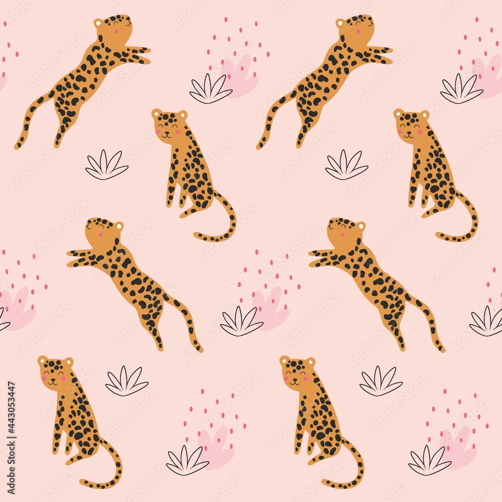 Leopard pattern with tropical leaves. Vector seamless texture. Creative ...