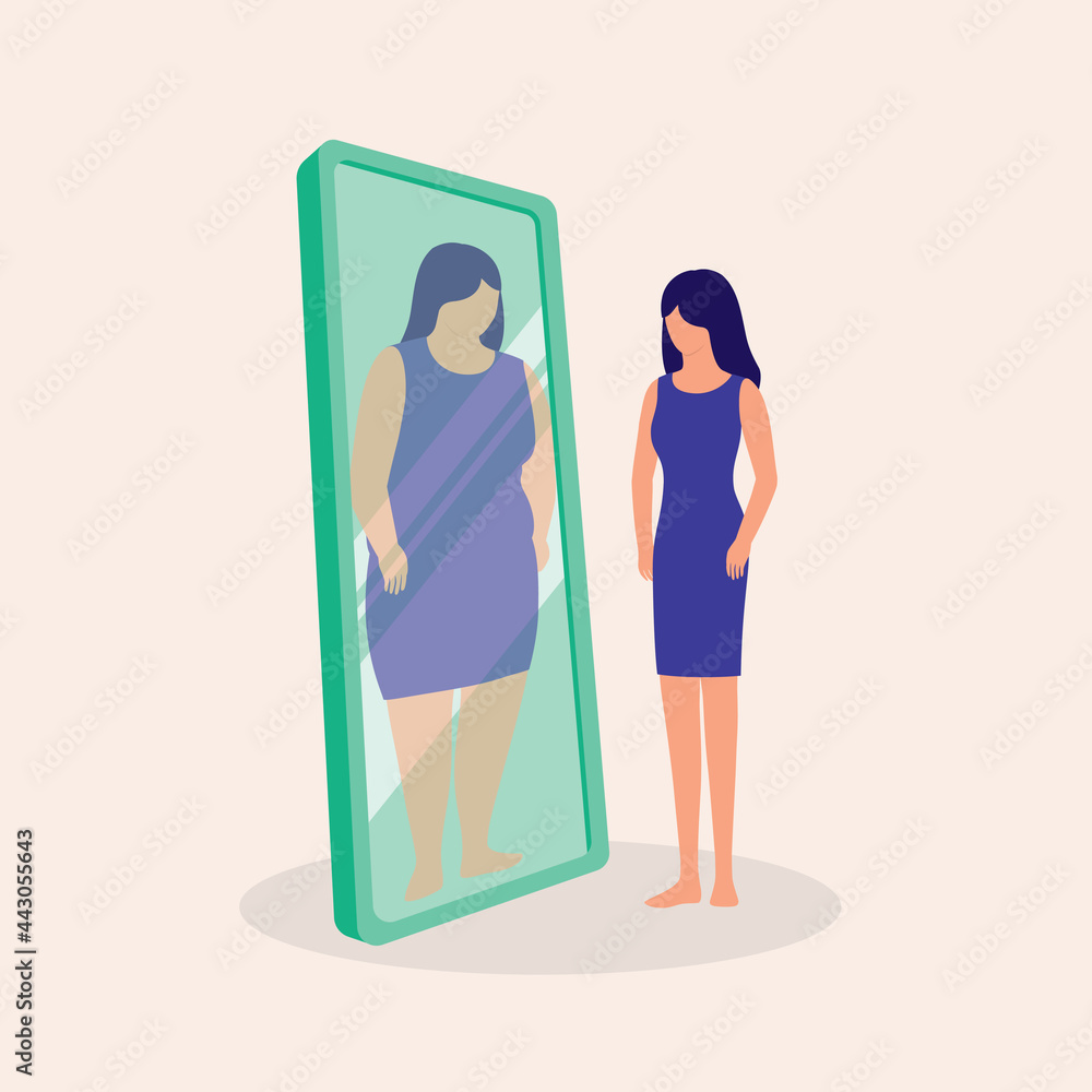 Young Skinny Woman Looking At Her Fat Reflection In Mirror. Anorexia ...