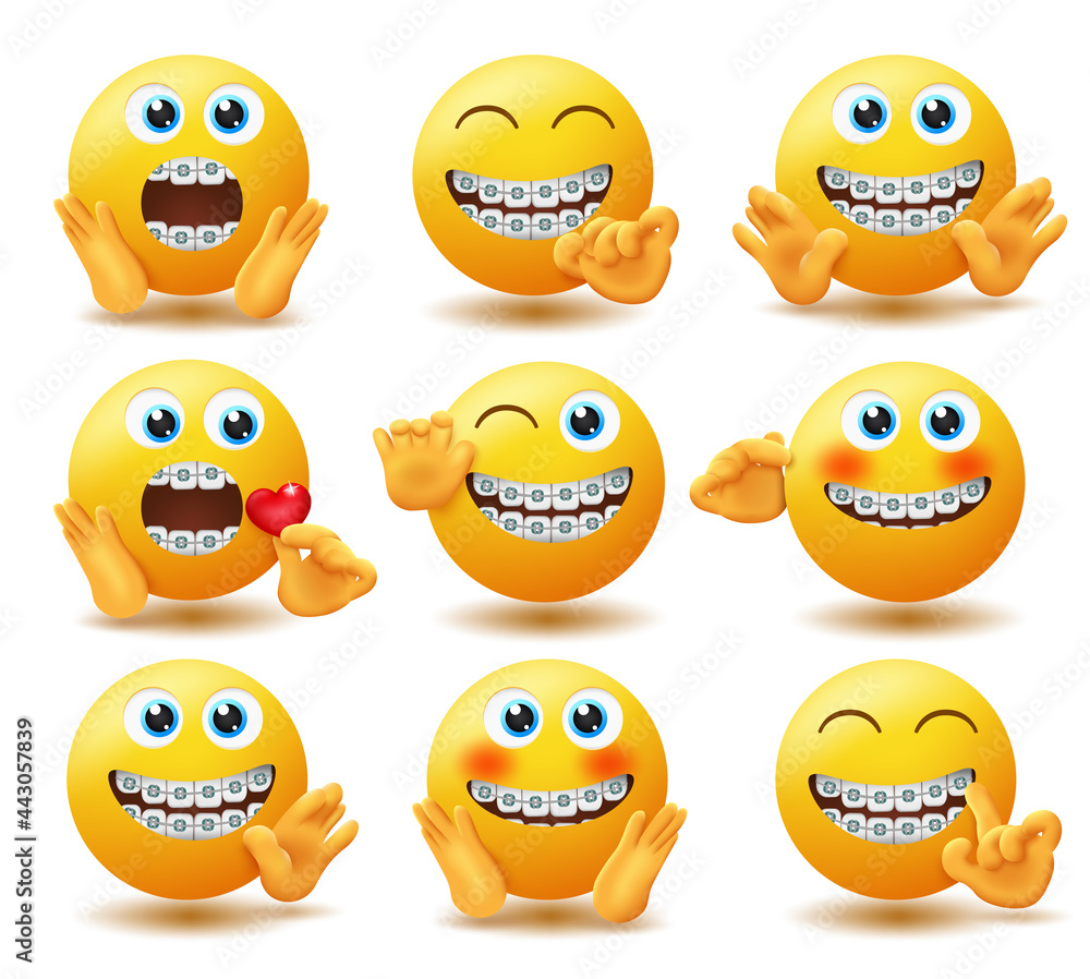 Smiley braces emoticon vector set. Emojis in dental brace characters ...