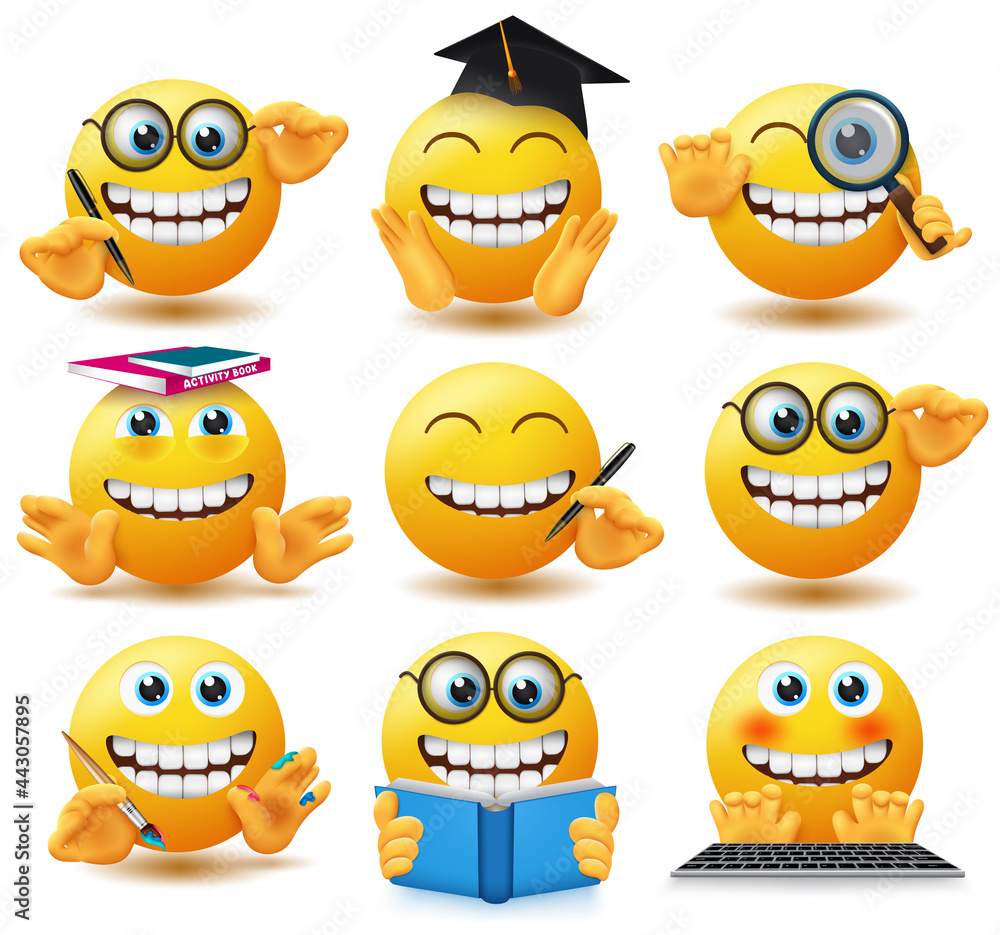 Smileys school student emoticon vector set. Smiley emojis in happy and ...