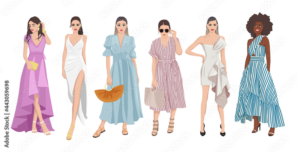 Set of women dressed in stylish trendy pastel color summer spring prom ...