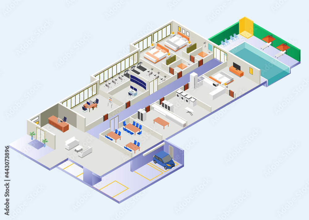 Isometric Vector Illustration of Hotel Building Area and Showing Rooms ...