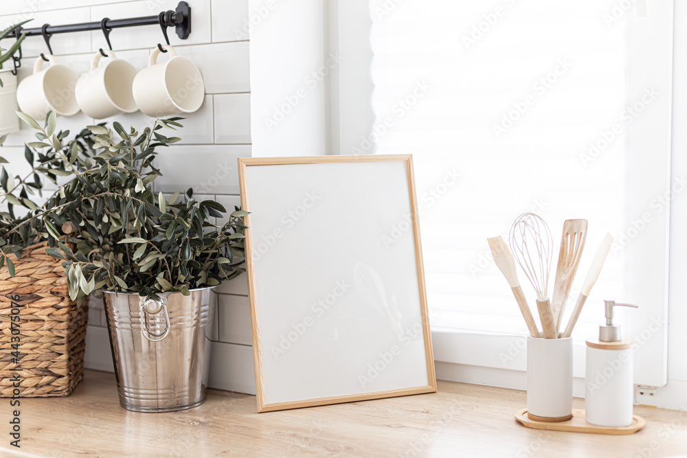 Mock up frame in kitchen interior background. Scandinavian home design ...