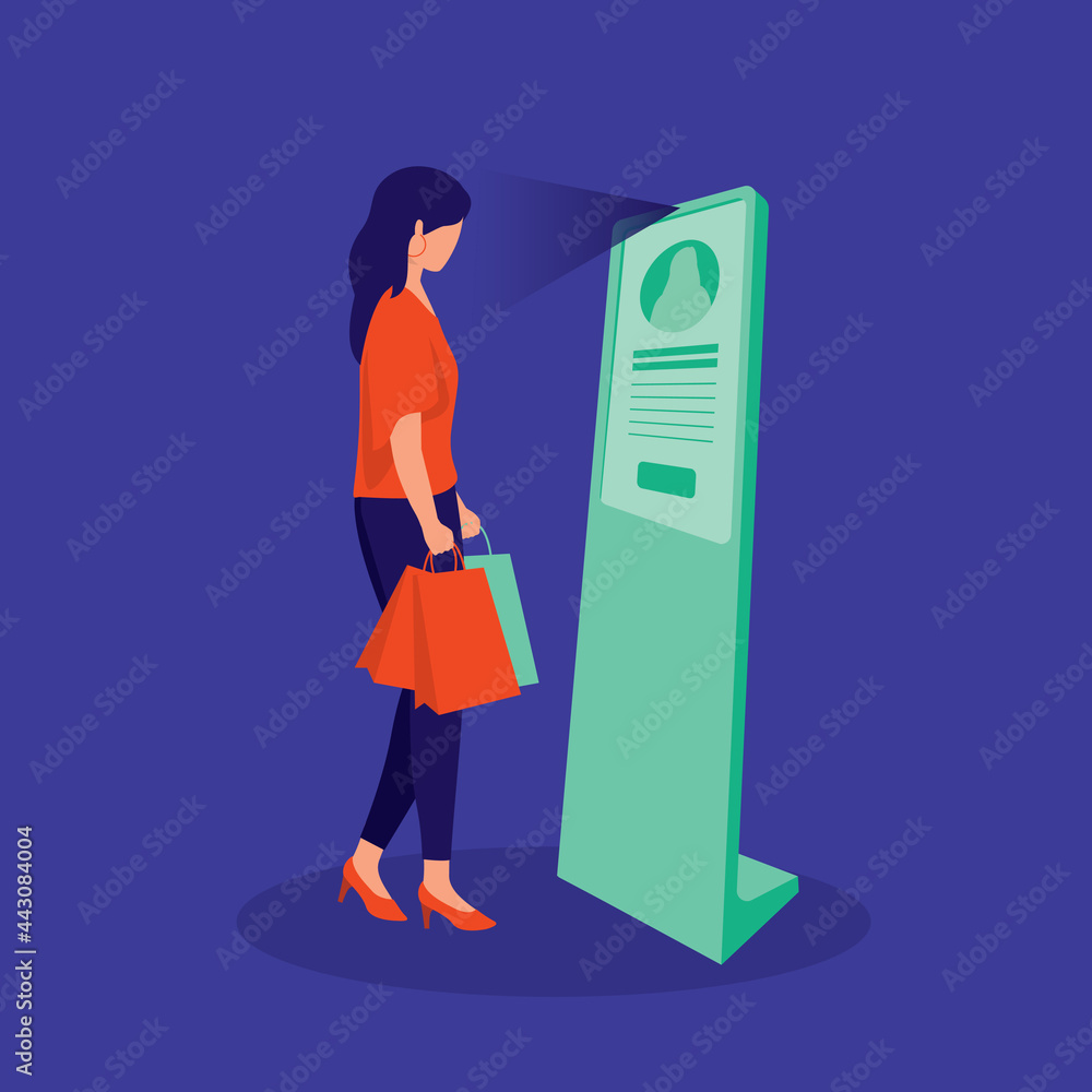 Woman Customer Making Contactless Payment At Face Recognition Self ...