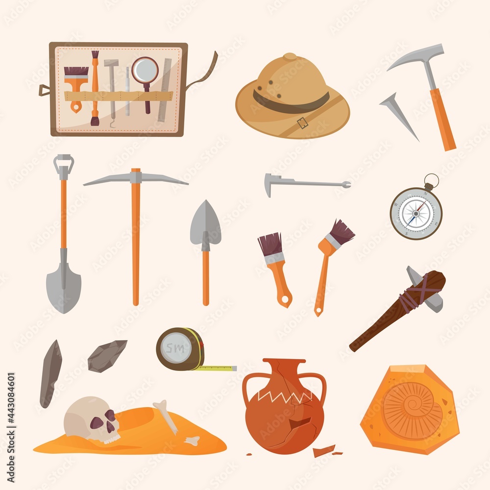 Archaeological tools and finds set. Brushes instruments for excavating ...