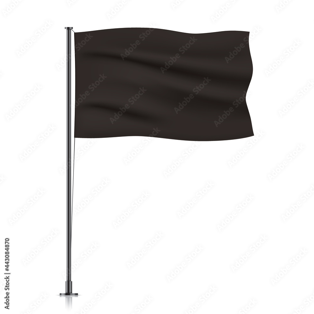 Black flag vector mockup. Black flag weaving on a metallic pole ...