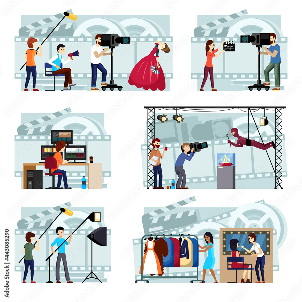 Scenes preparing and filming movie. Director with cameraman set editor ...