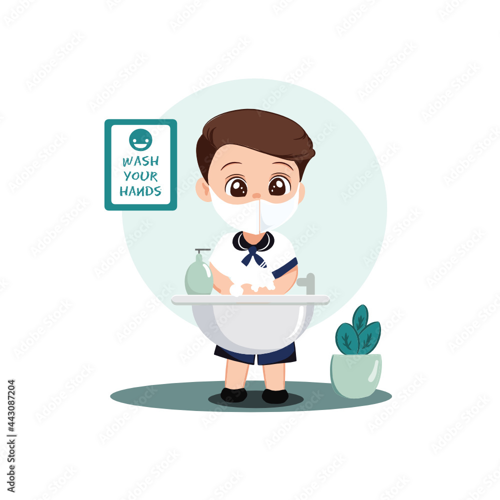Boy Students Character Washing Hands with Soap under running Water ...