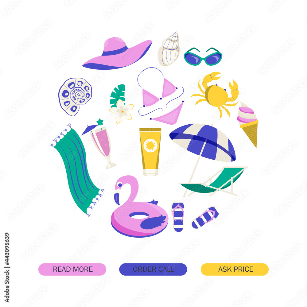 Vector summertime clipart. Summer set with cute beach elements: bikini ...