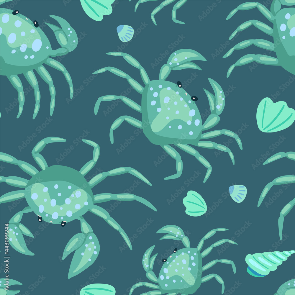 Cute crabs and seashells. Abstract vector seamless pattern. Colored ...