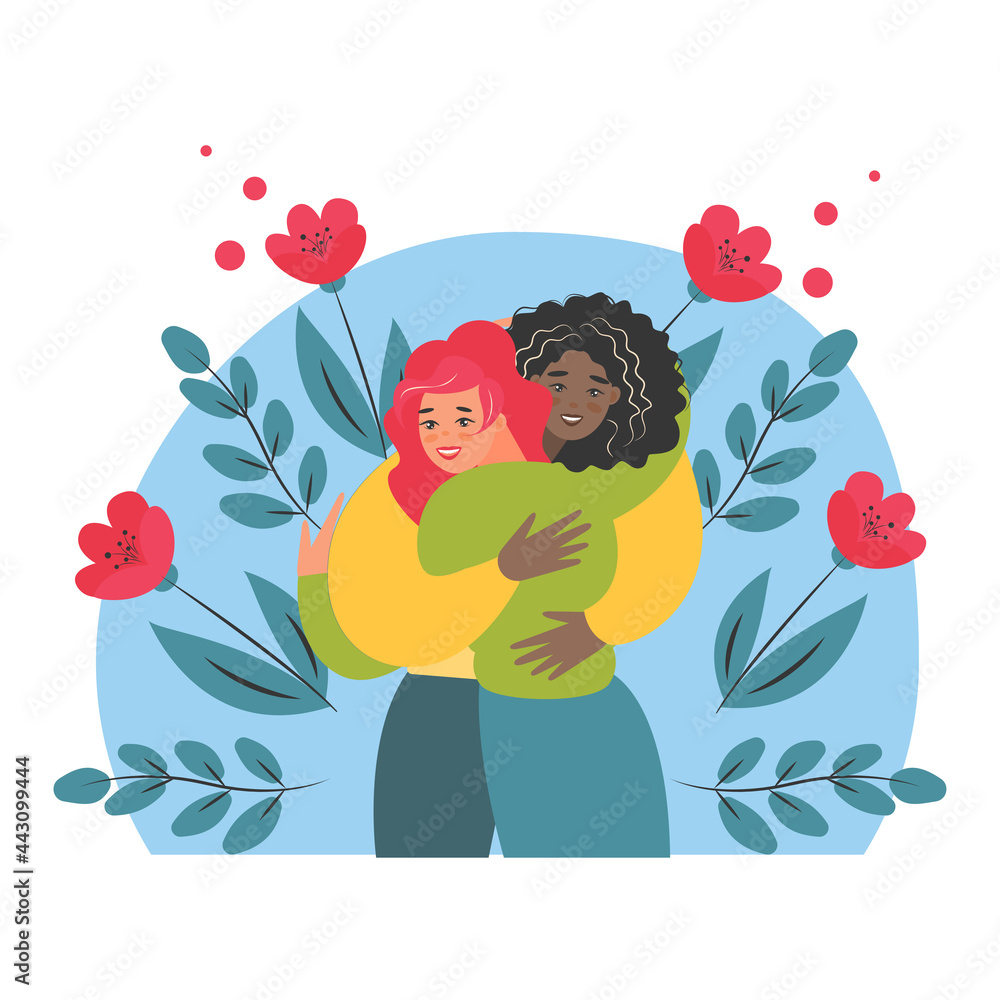 Vector Cartoon Illustration Of Happy Meeting Of Two Friends Hugging