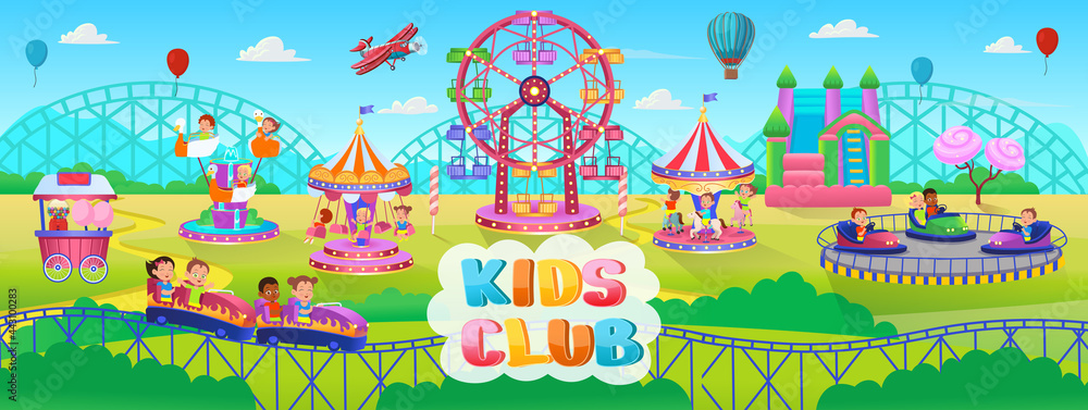 Theme Park scene with electric cars, ferris wheel, carrousel ...