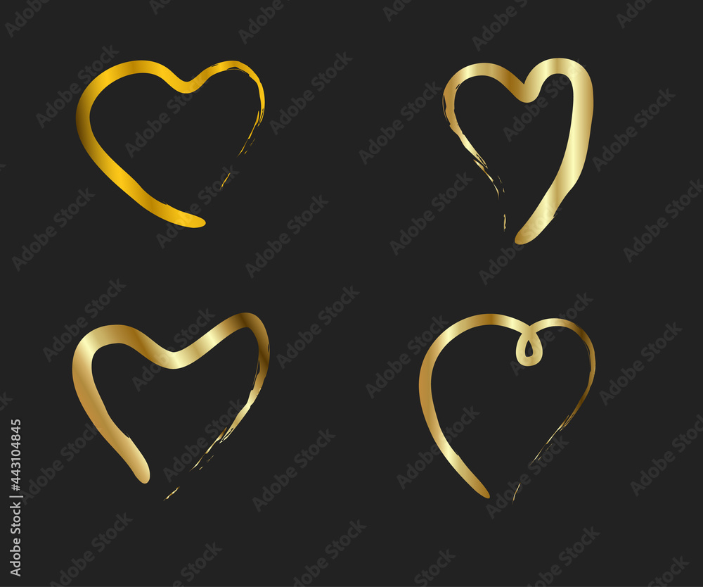 Gold Hearts. Hand drawn hearts brushes. Hand painted heart shape ...
