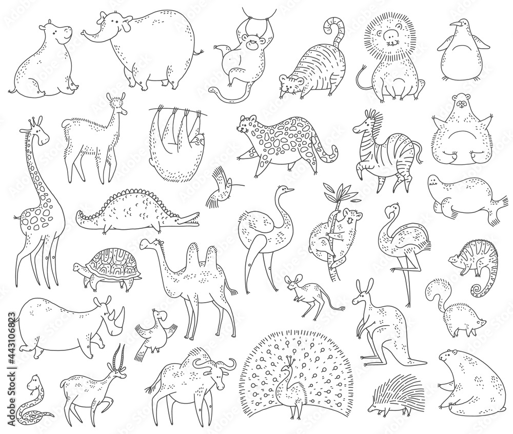 Cute set animals. Vector black white cartoon doodle characters ...