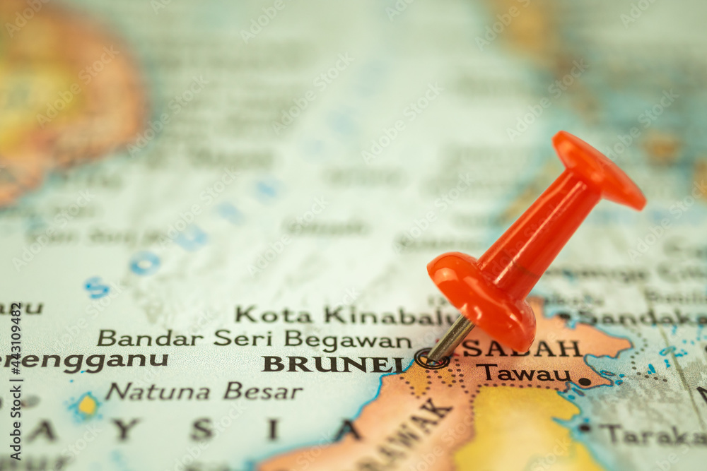 Location Brunei, map with push pin close-up, travel and journey concept ...