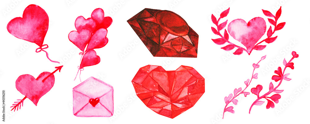 Watercolor clipart love graphics vintage jewelry. Red hearts set ...