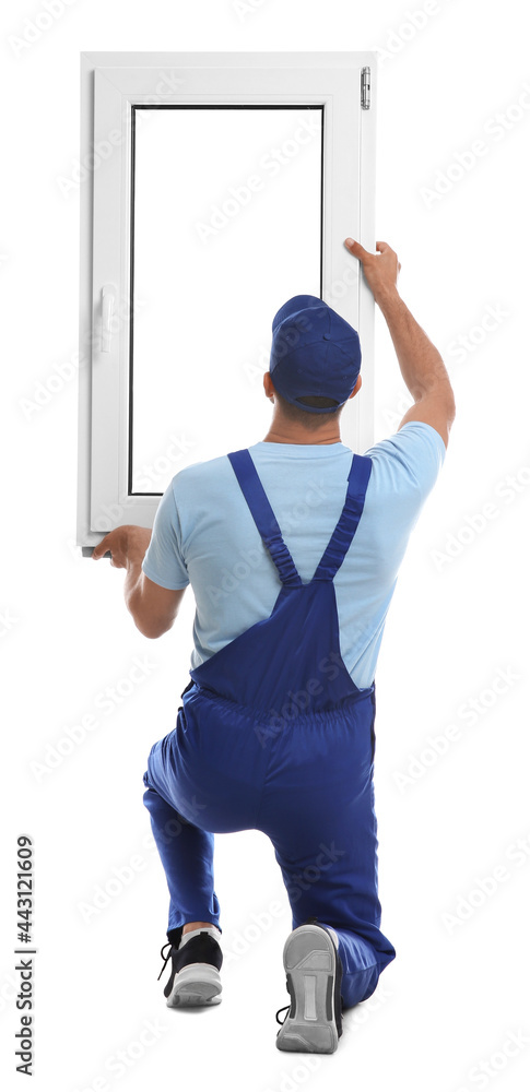 Worker with plastic window on white background, back view. Installation ...