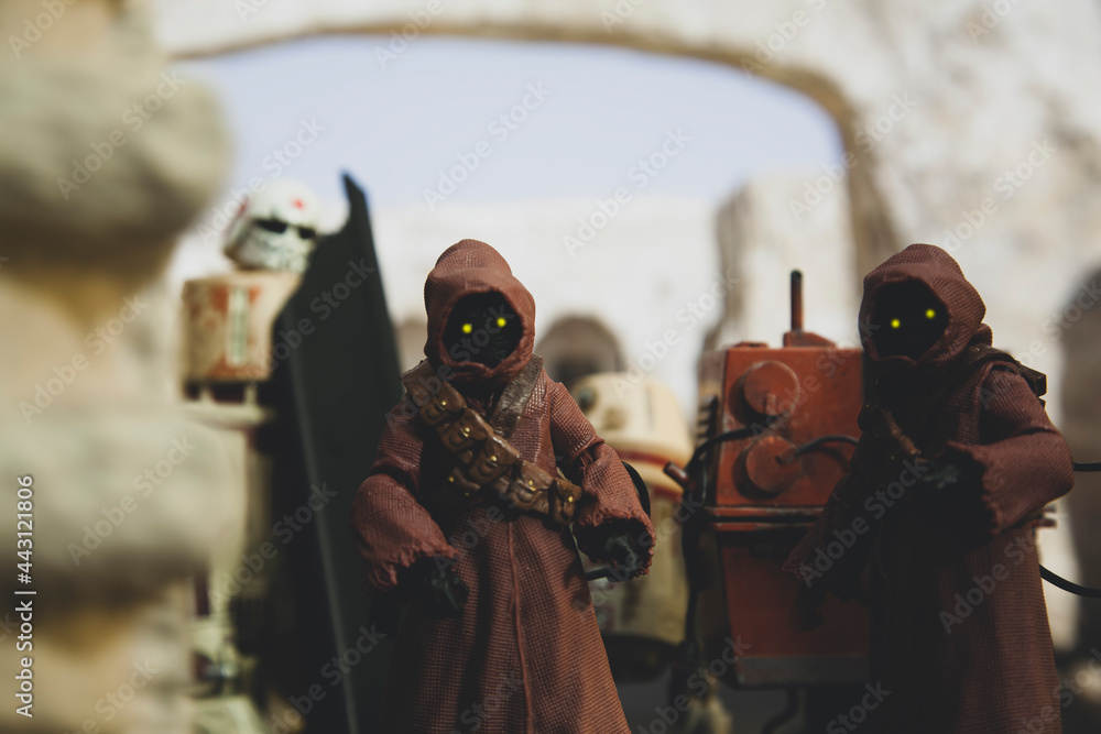 NEW YORK, USA - JUNE 12 2021:scene from Star Wars with Jawas on ...