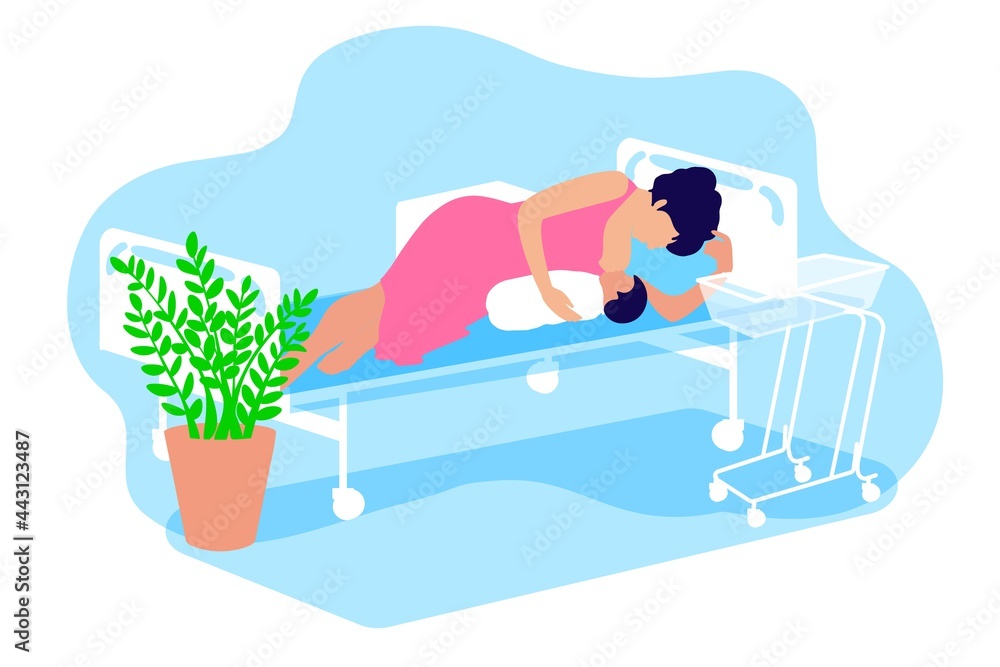 Woman with newborn baby alone in hospital ward staying with child. The ...