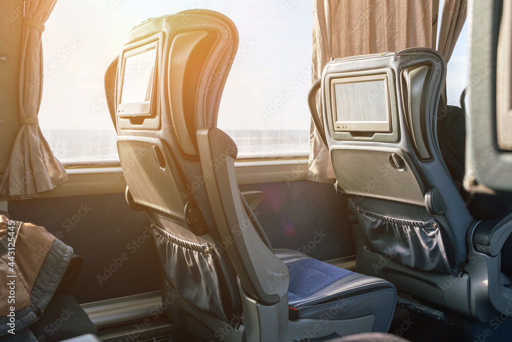 Intercity bus interior with seat-mounted interactive touchscreen Stock ...