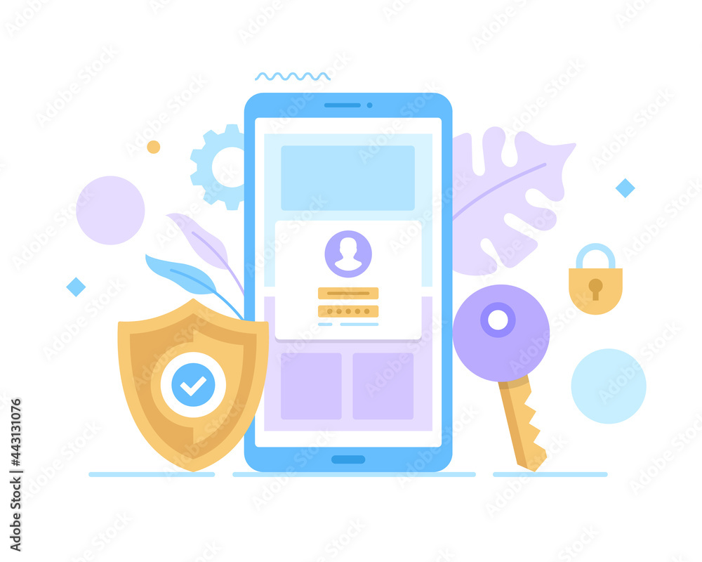 Sign in with your phone. Login form on mobile phone screen, shield with ...