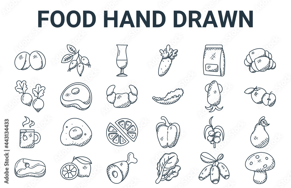linear pack of food hand drawn line icons. simple web vector icons set ...