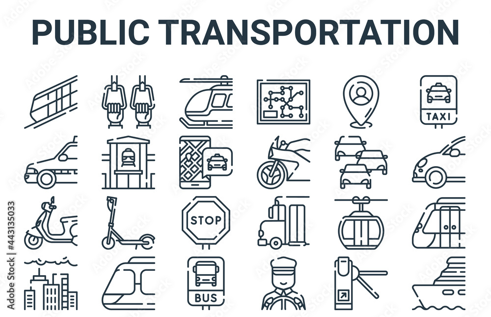 linear pack of public transportation line icons. simple web vector ...