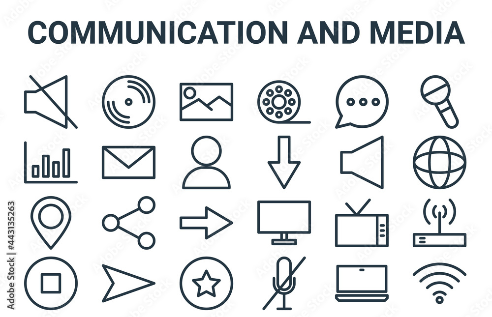 linear pack of communication and media line icons. simple web vector icons set such as network ...