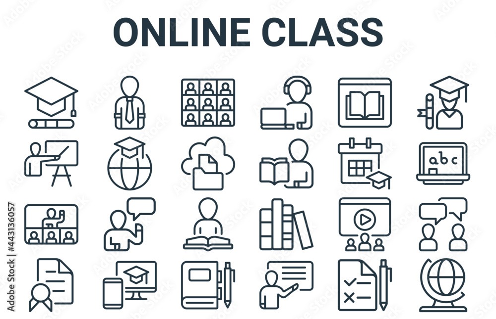 linear pack of online class line icons. linear vector icons set such as ...