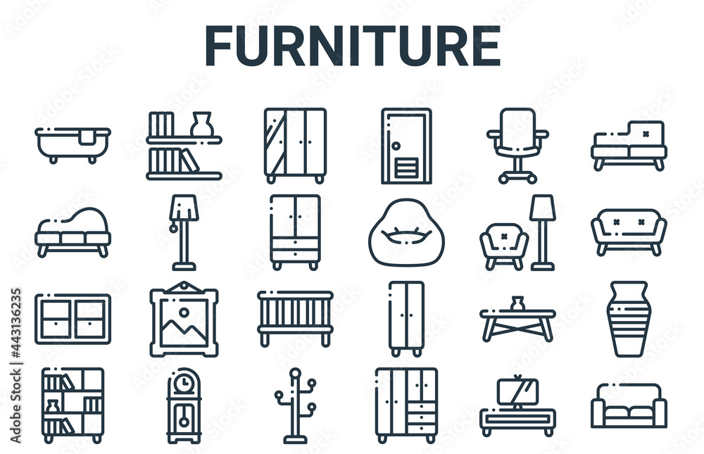 linear pack of furniture line icons. simple web vector icons set such as couch, shelf, armchair ...