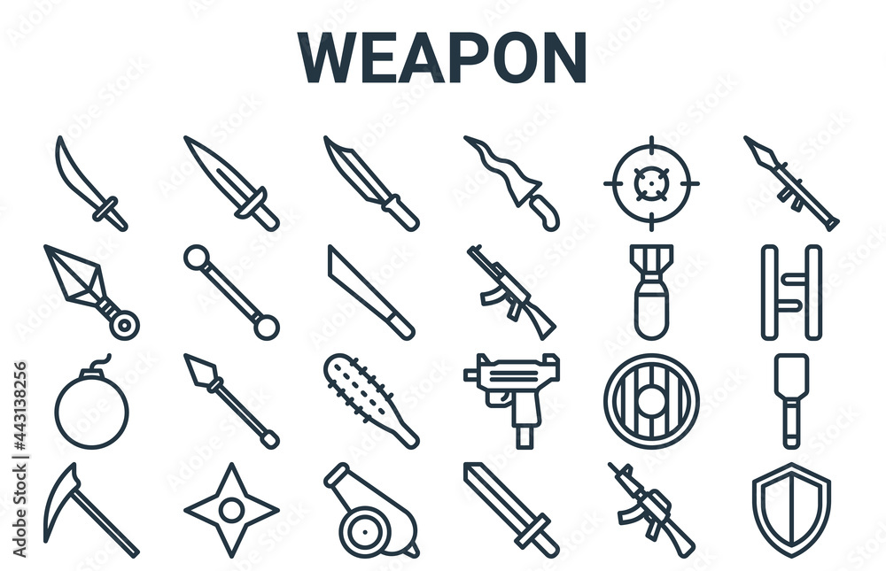 linear pack of weapon line icons. linear vector icons set such as ...