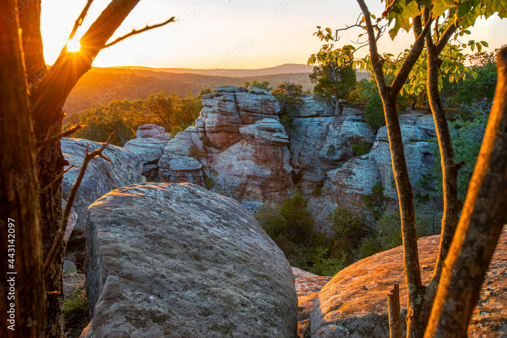 looking across canyon to towering weathered rock formations and then ...