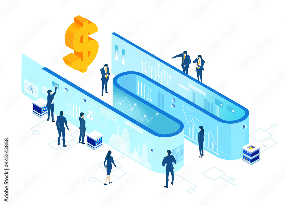 Data center concept with business people. Isometric working space ...