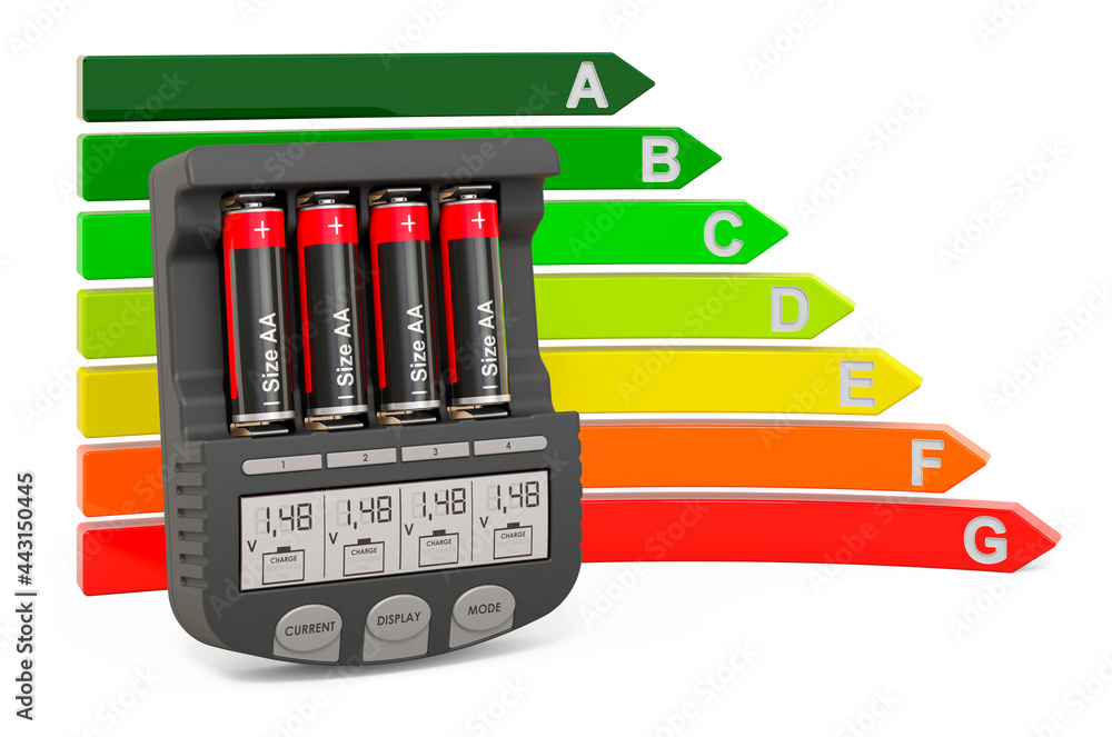 Smart AA AAA Battery Charger with energy efficiency chart, 3D rendering ...