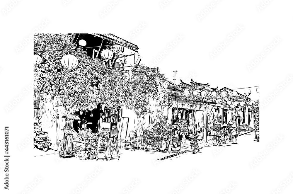 Building view with landmark of Hoi An is a city on Vietnam. Hand drawn ...