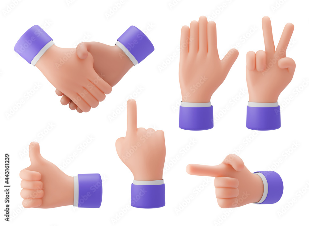 3D hand gestures, raise your hand, point your finger, cartoon style ...