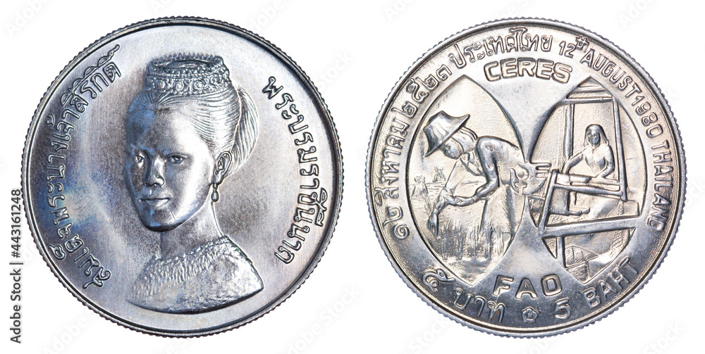Thailand five baht coin, (1980, B.E.2523) isolated on white background ...