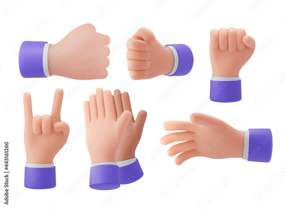 3D hand gestures, raise your hand, point your finger, cartoon style ...