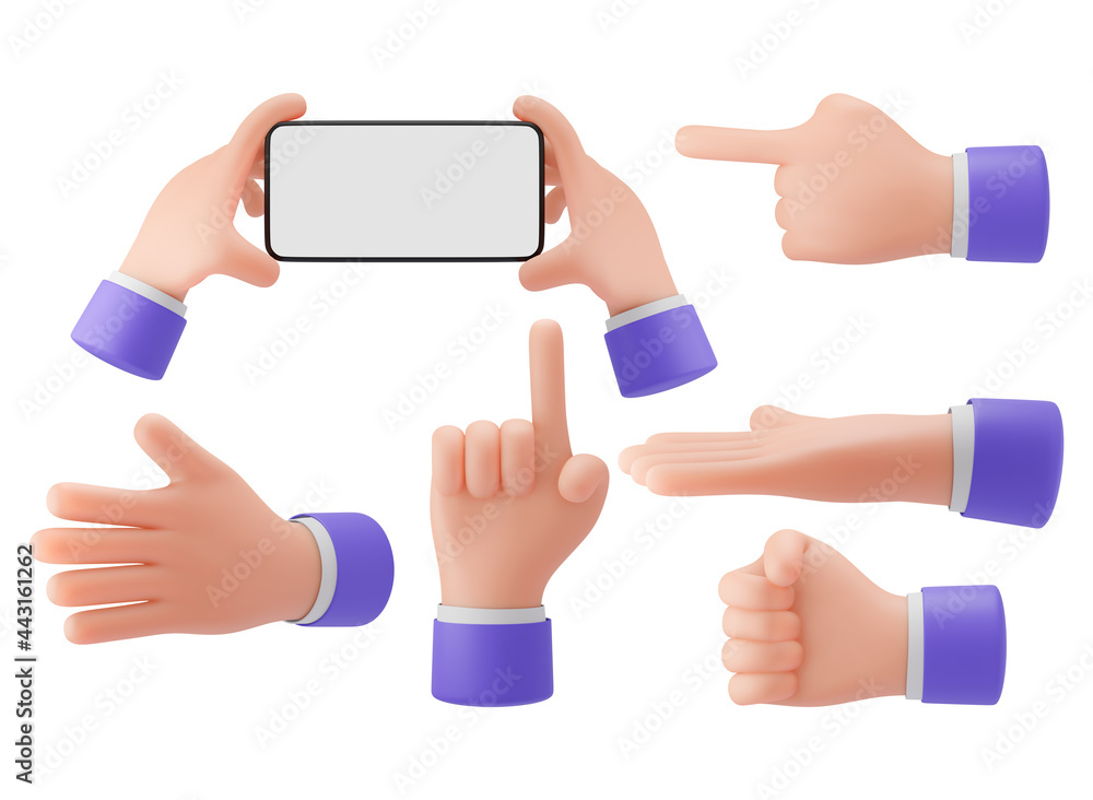 3D hand gestures, raise your hand, point your finger, cartoon style ...