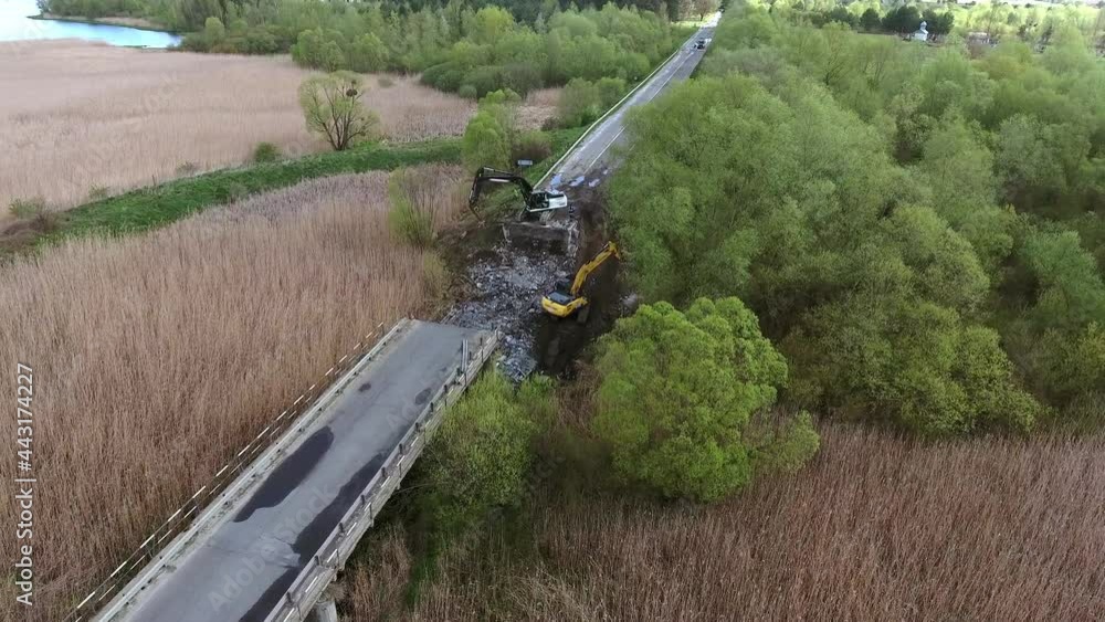 Traffic collapse. Road construction site, broken asphalt, pieces ...