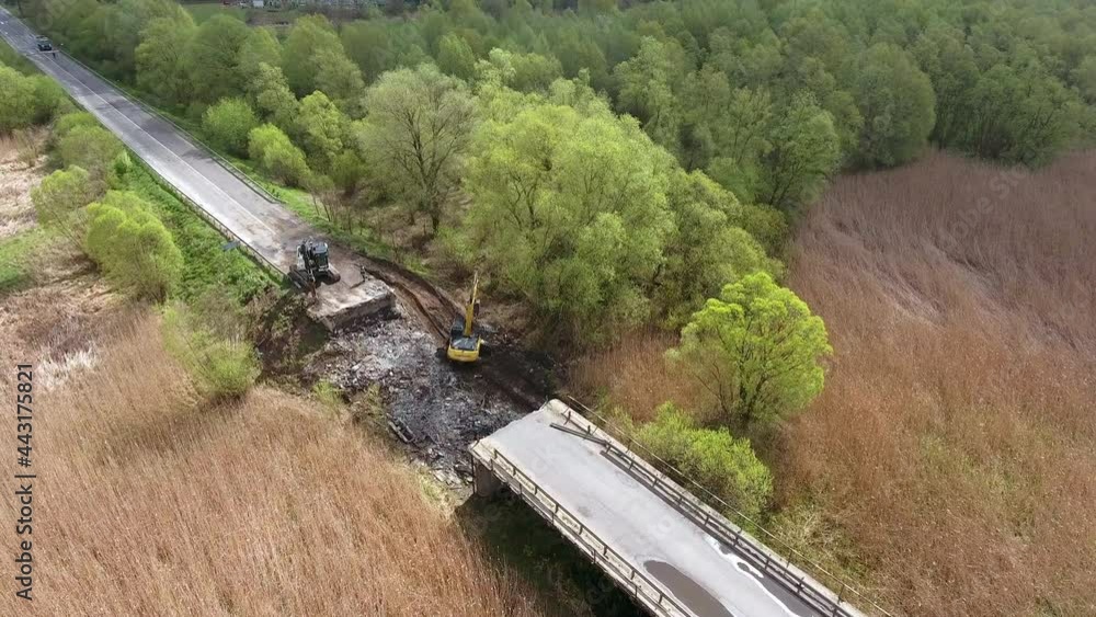 Road collapse, automobile bridge excavator hydraulic crushes concrete ...