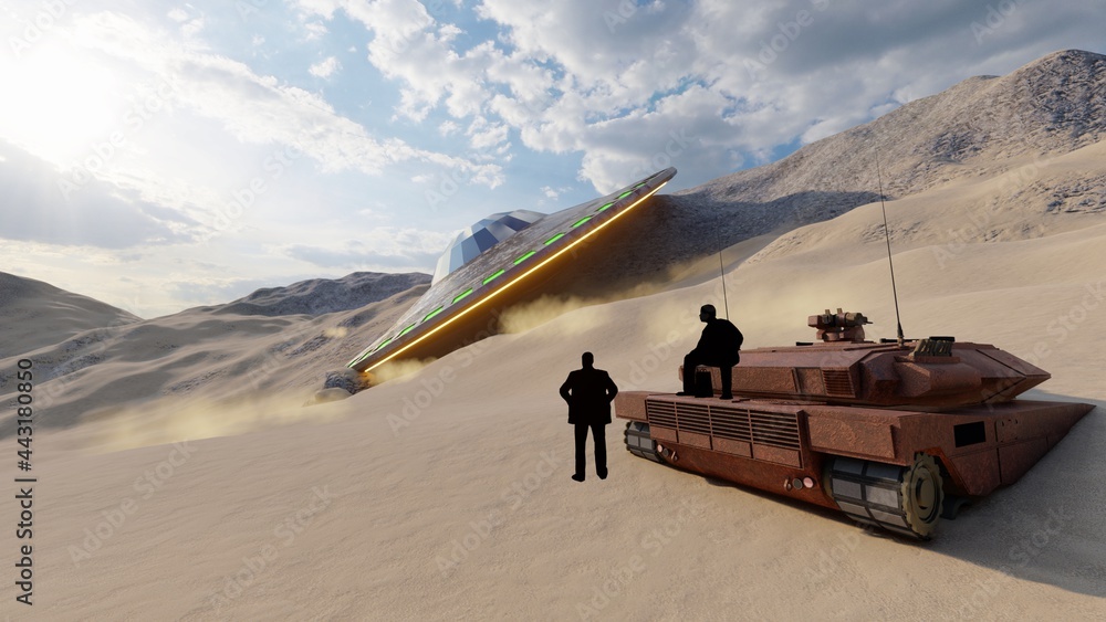 ufo crash landing at desert Stock Illustration | Adobe Stock