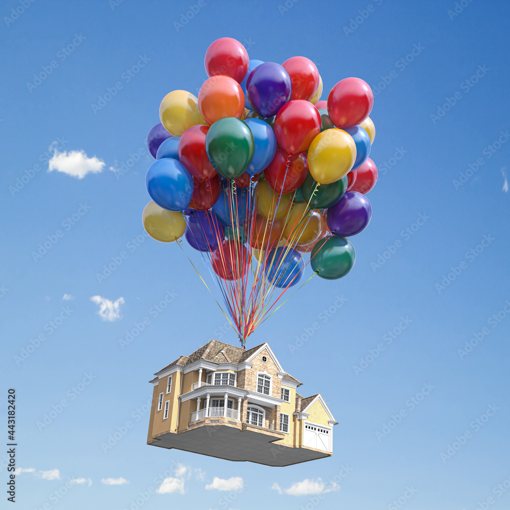 House with balloons bunch flying in the sky. Real estate purchasing ...
