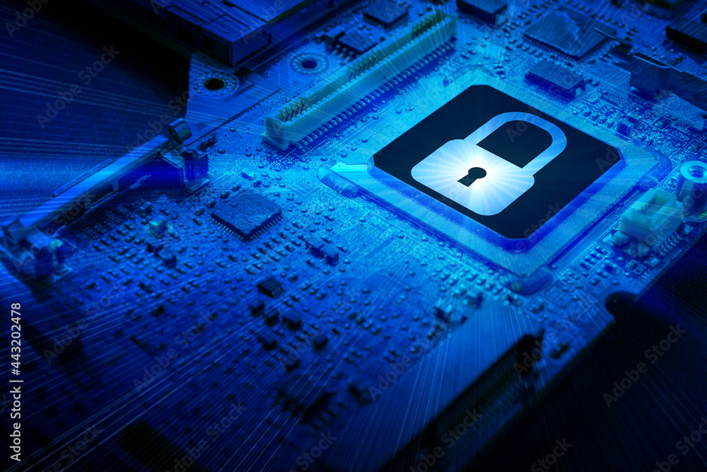 Data security. Digital computer processor chip on motherboard ...