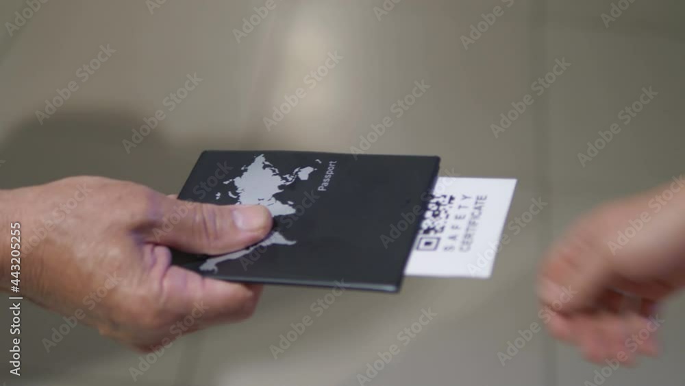 Giving passport with Vaccine Covid-19 safety certificate on QR Code in ...