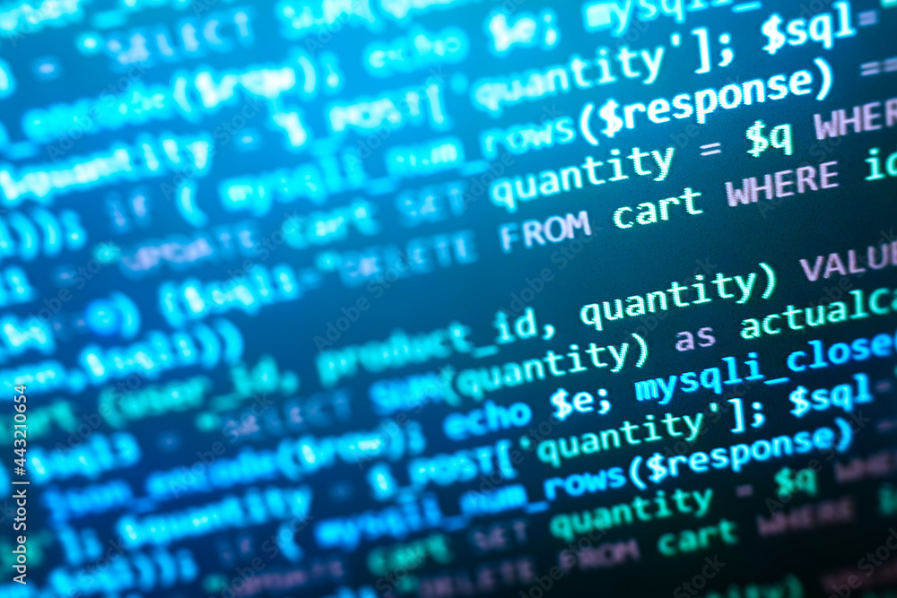 PHP development, software site code. Data encryption security code on a computer display ...