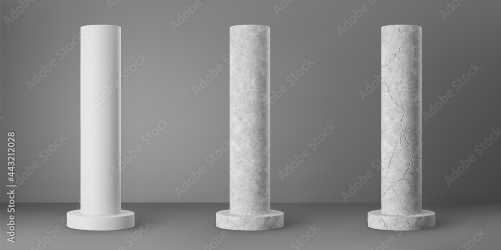 Concrete cylindrical columns with cracks set isolated on grey ...