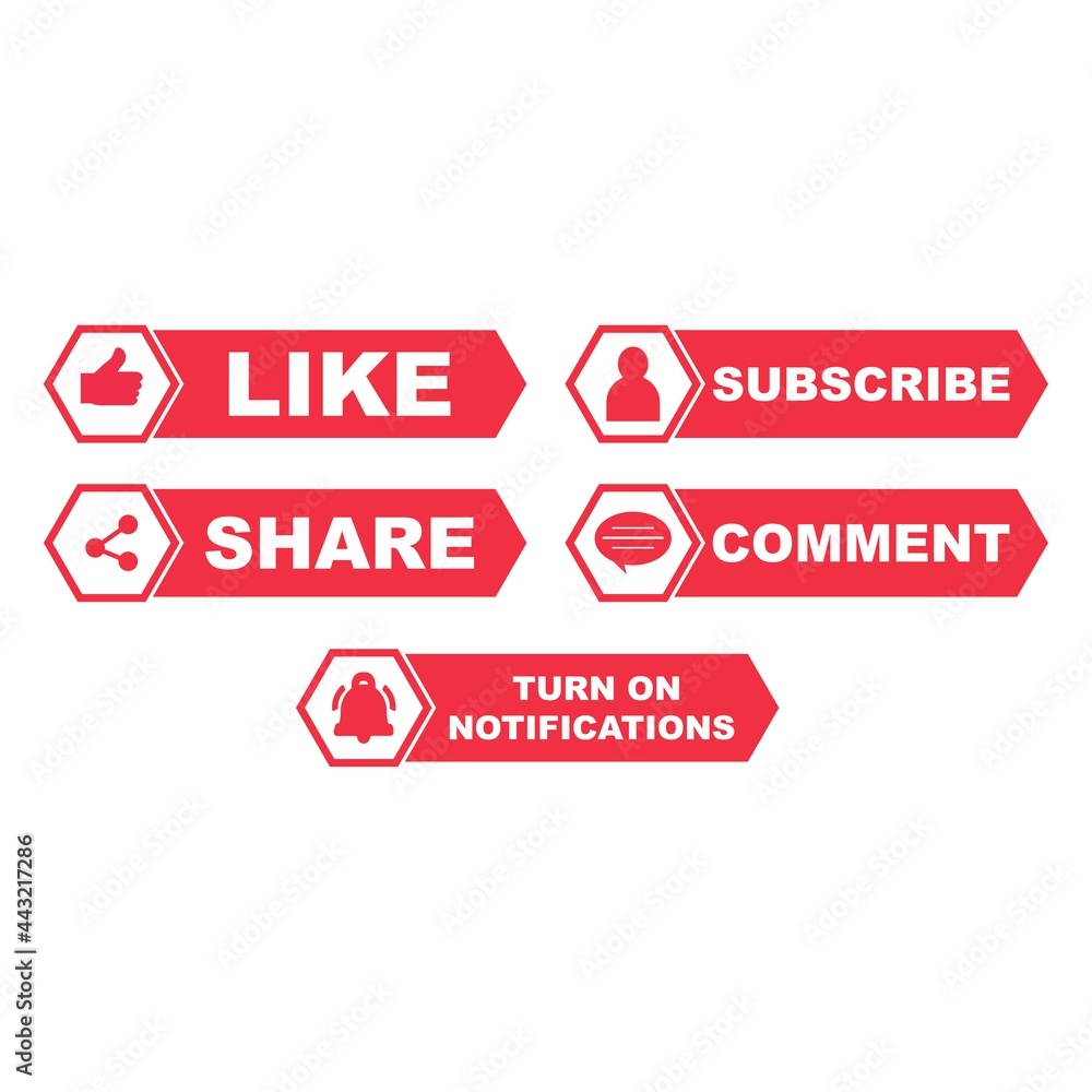 Vetor de Metallic subscribe button collection with the like, share, and comment section. Red ...